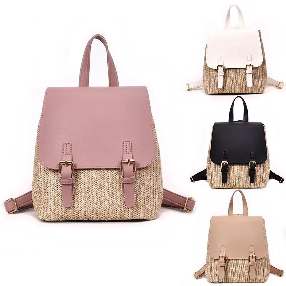Mini Straw Bag Women's Beach Backpack With Leather Foldable Lid Vintage ...