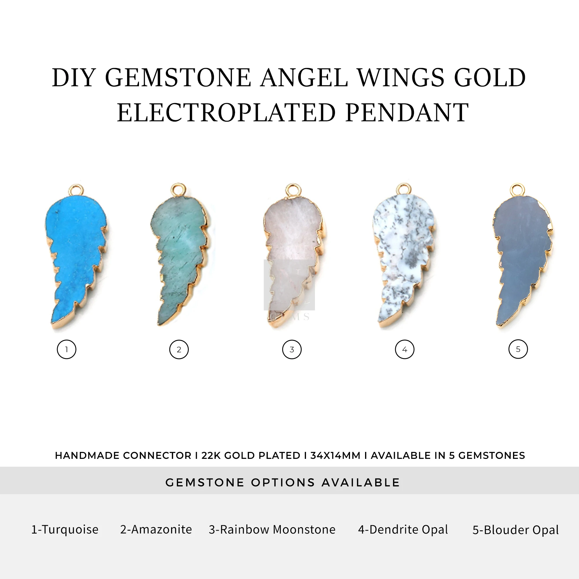 Natural Gemstone Gold Electroplated Angel Wings Necklaces Pendants ...