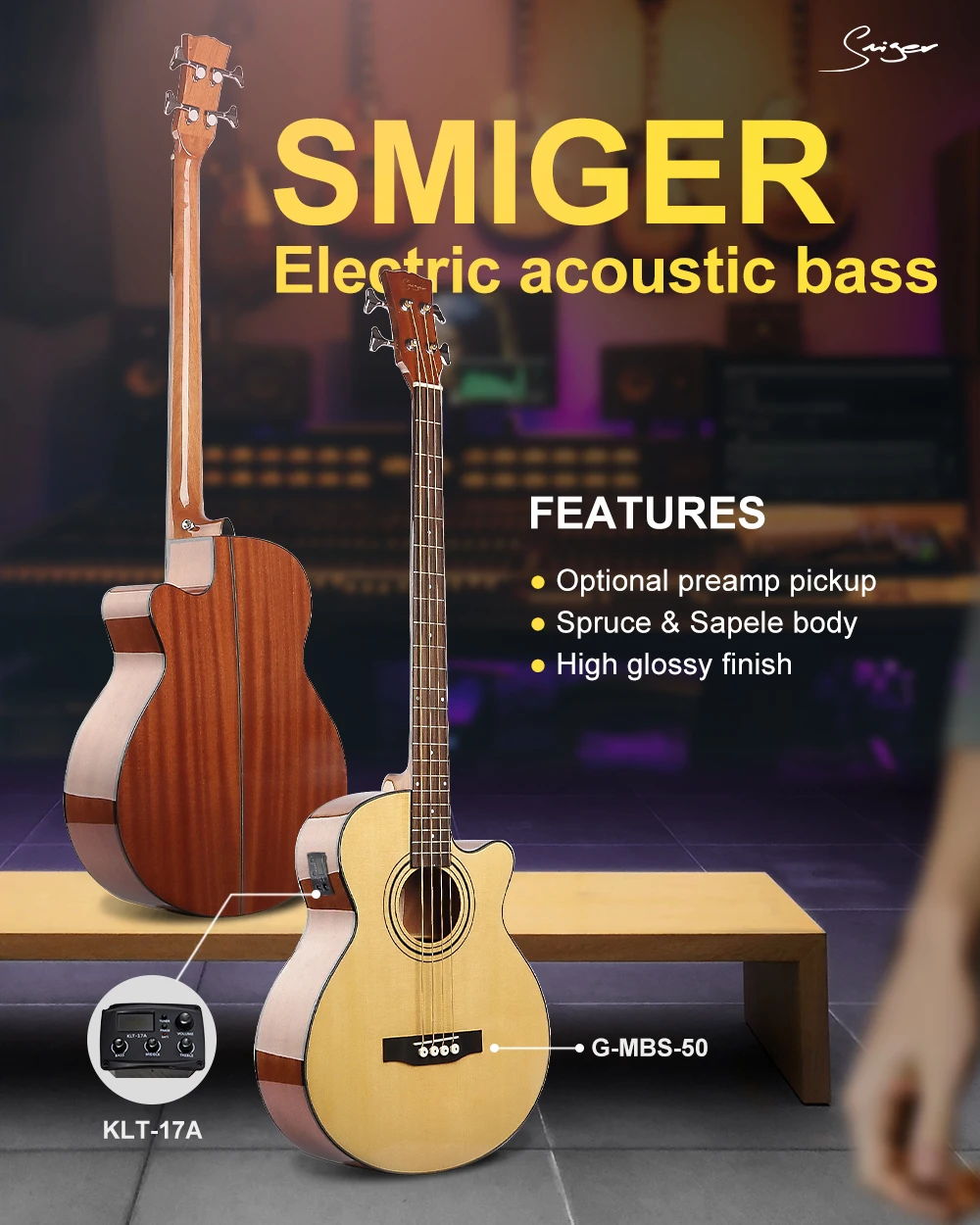 Wholesale Smiger 4 Strings Electric Semi Acoustic Bass Guitar Black Color