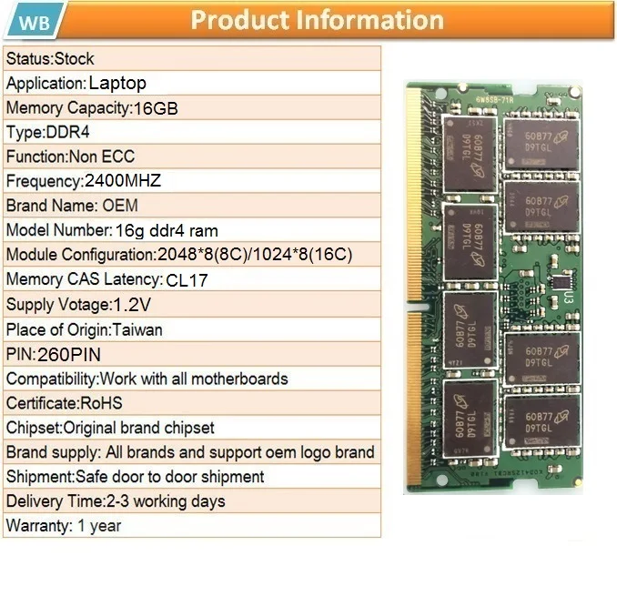 Non-ecc so-Dimm Ram 2400mhz DDR4 16GB Memory Module