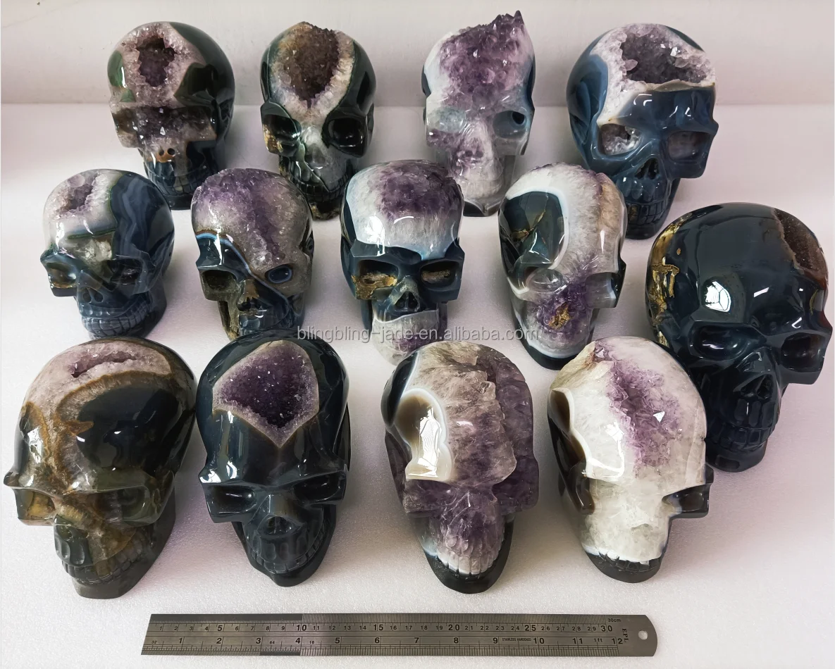Hand Carved Agate Amethyst Geode Crystal Skull - Home Decor