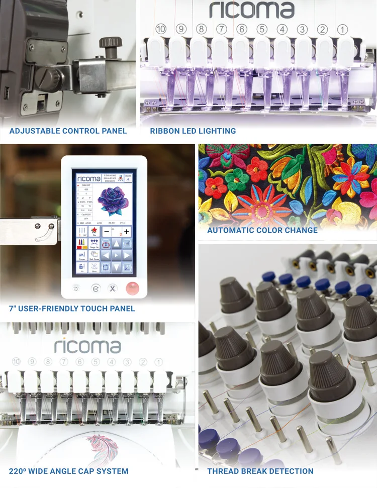Ricoma Single Head Embroidery Machine - 10 Needles, 7'' Touch Screen