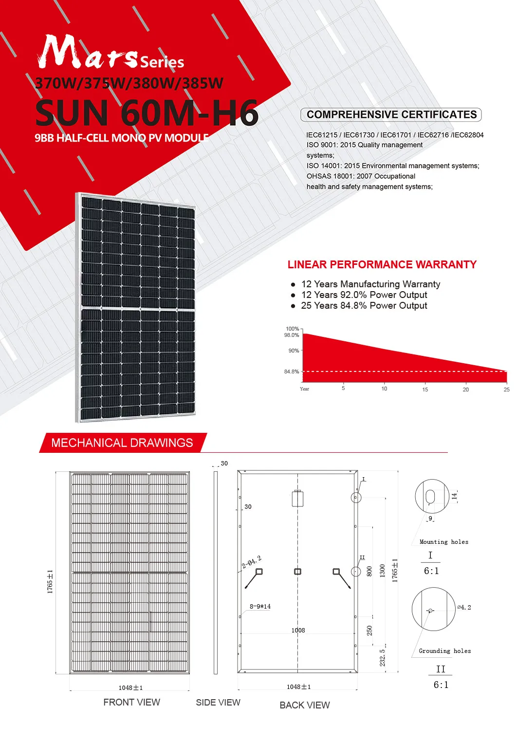 Sunergy SUN-60M-H6 370W Solar Panels - 25 Years Warranty