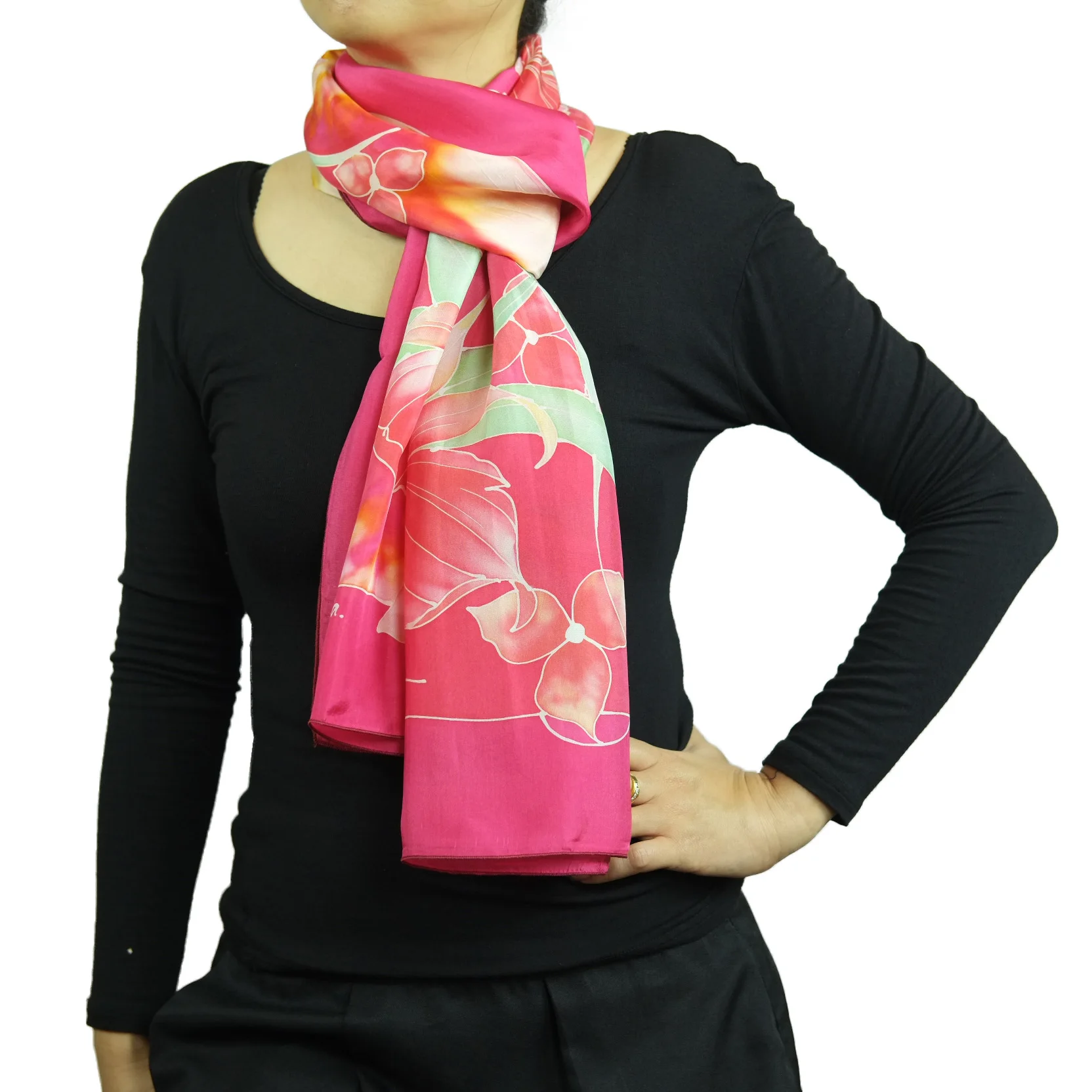 Red Malaysian Hand Drawn Batik Silk Long Scarf - Buy Long Silk Neck ...