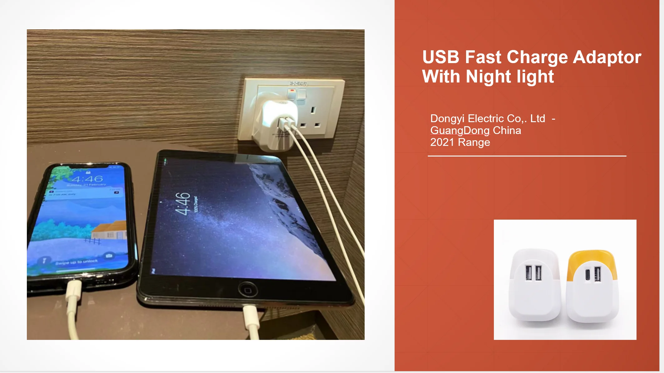 3 Brightness LED Wall Charger with Touch Sensor Day & Night Colour ...