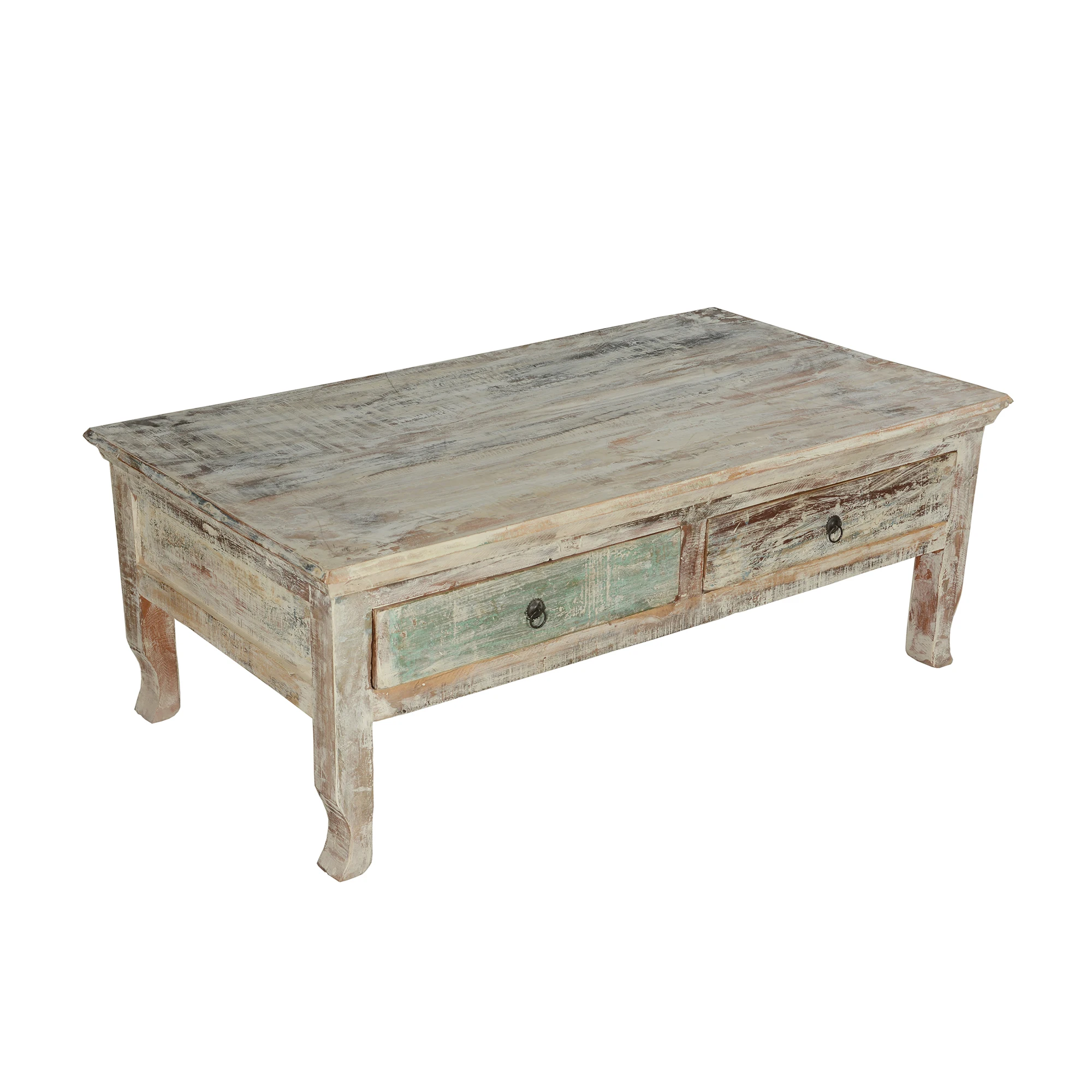 Rustic Whitewashed Reclaimed 2 Drawers Coffee Table Antique Handcrafted ...