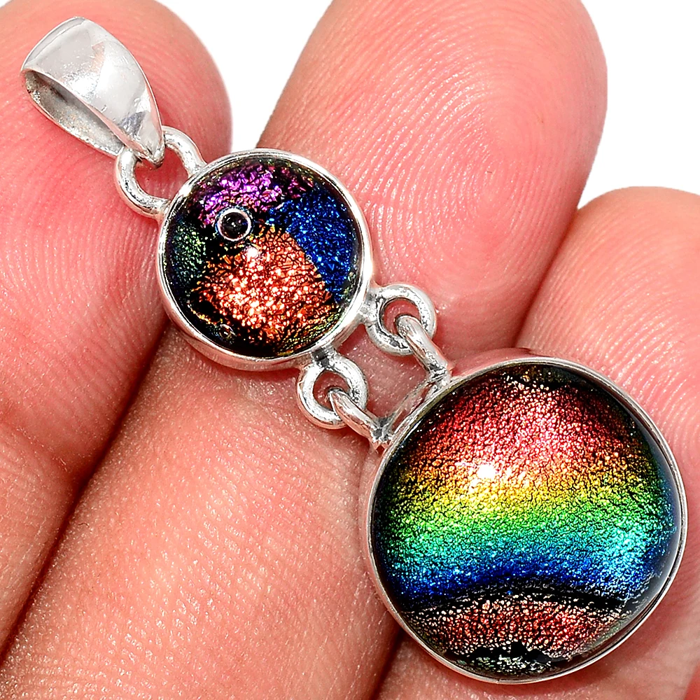 Genuine Solid 2 Stone 925 Silver Dichroic Glass Pendant, Fused Glass ...