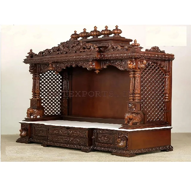 Big Gopuram Style Hand Carved Mandir Elephant Based Jali Wooden Mandir ...